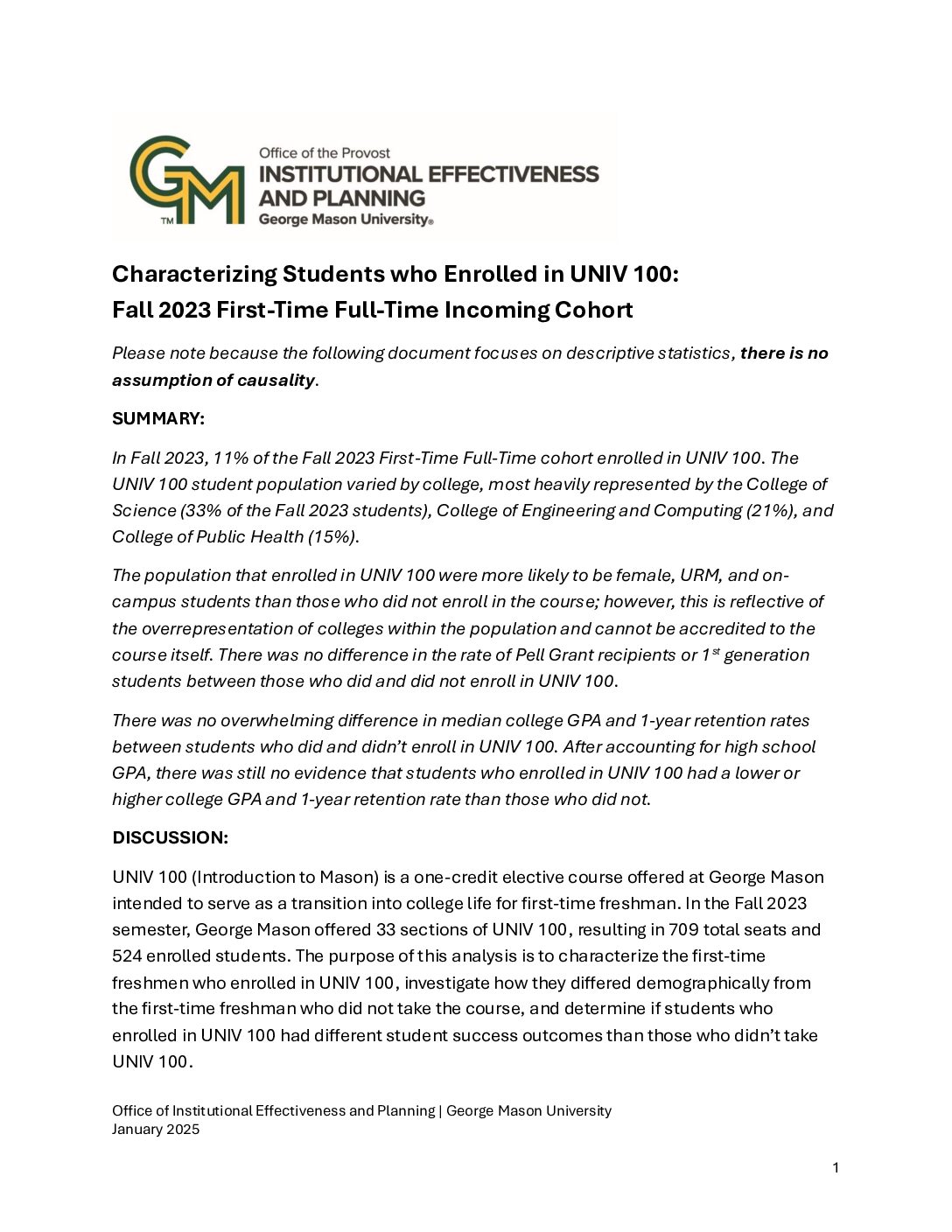 UNIV100 Summary of Findings - Office of Institutional Effectiveness and Planning