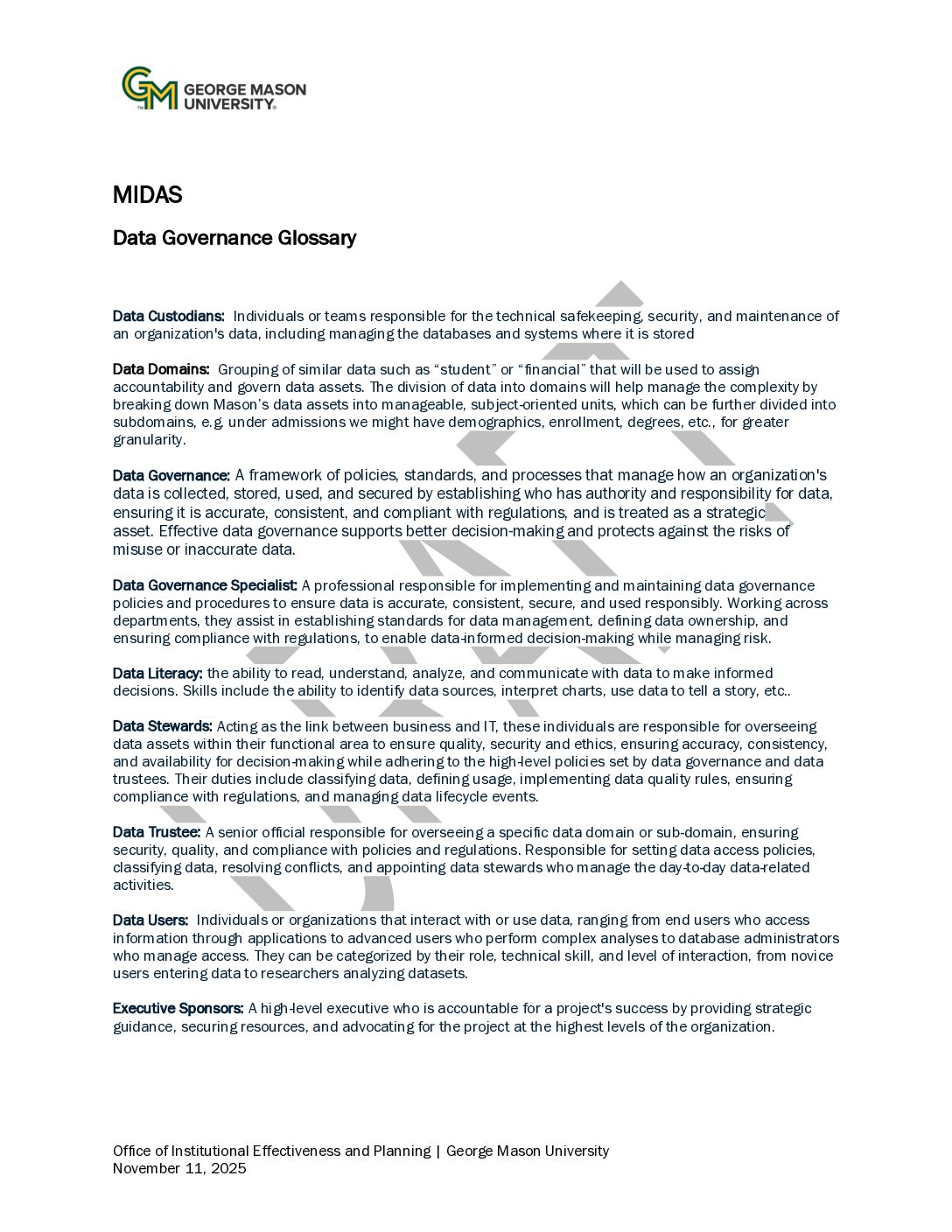 Data Governance Glossary DRAFT 11November2025 - Office of Institutional Effectiveness and Planning